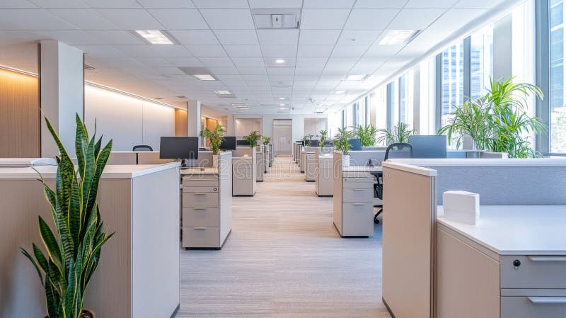 Modern Office Workspace with Neutral Cubicles and Plants Stock ...