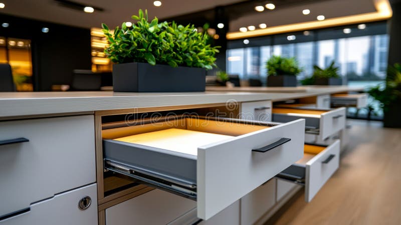 Modern Office Workspace with Organized Drawers and Indoor Plants for a ...