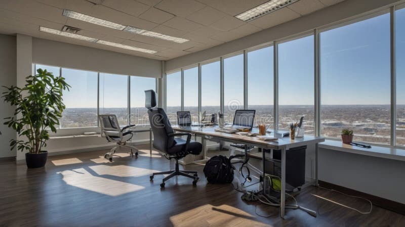 Modern Office Workspace with Panoramic View Stock Photo - Image of ...