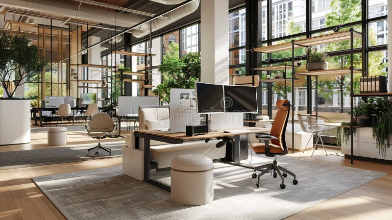 Modern Office Workspace with Plants and Large Windows in a Bright, Open ...