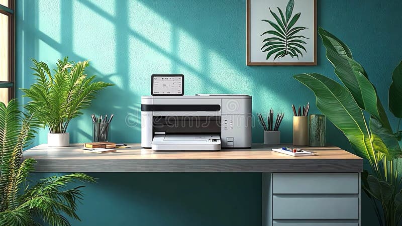 Modern Office Workspace with Printer, Stylish Desk, and Plants ...