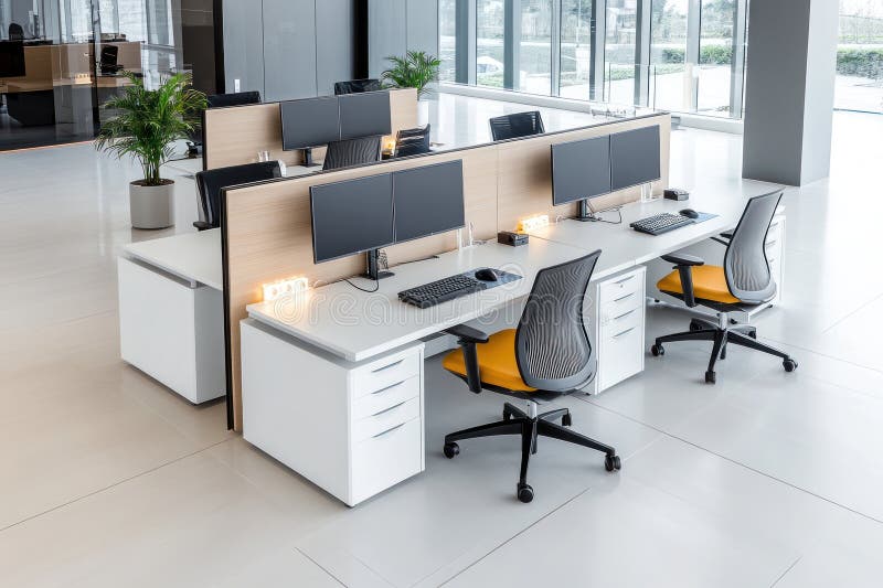 Modern Office Workspace with Row of PC Monitors and Chairs - Top View ...