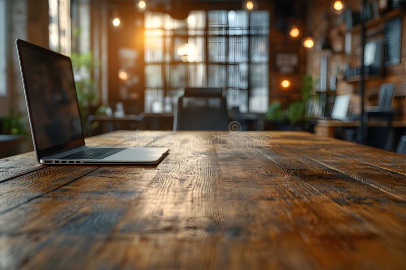 Modern Office Workspace with Rustic Wooden Desk and Laptop in Warm ...