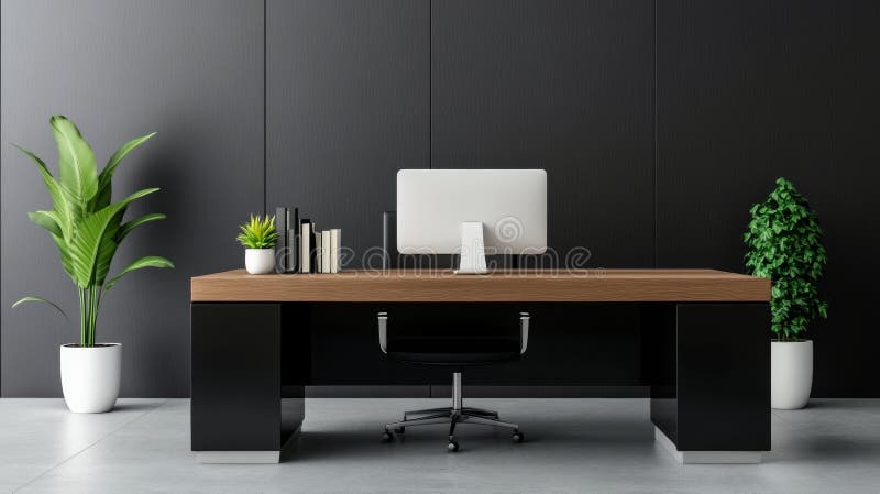 Modern Office Workspace with Sleek Desk, Computer, and Indoor Plants ...