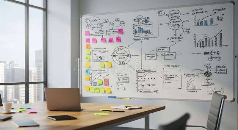 Modern Office Workspace with Strategic Business Plan Whiteboard ...