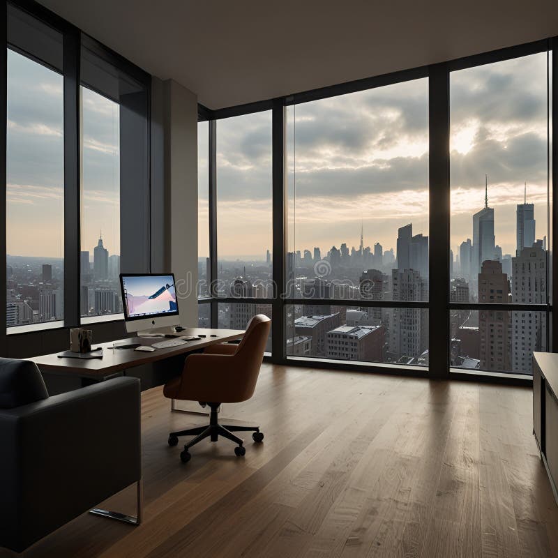Modern Office Workspace with a Stunning Skyline View during Sunset ...