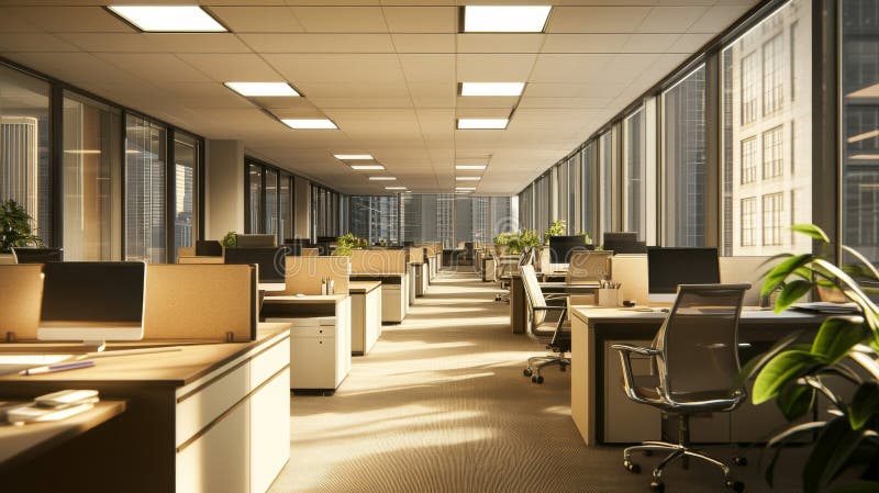 Modern Office Workspace with Sunlight and City Views Stock Illustration ...