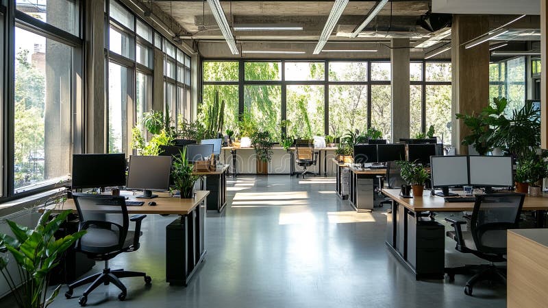Modern Office Workspace Sunlight Plants Desk Computers Open Plan Stock ...