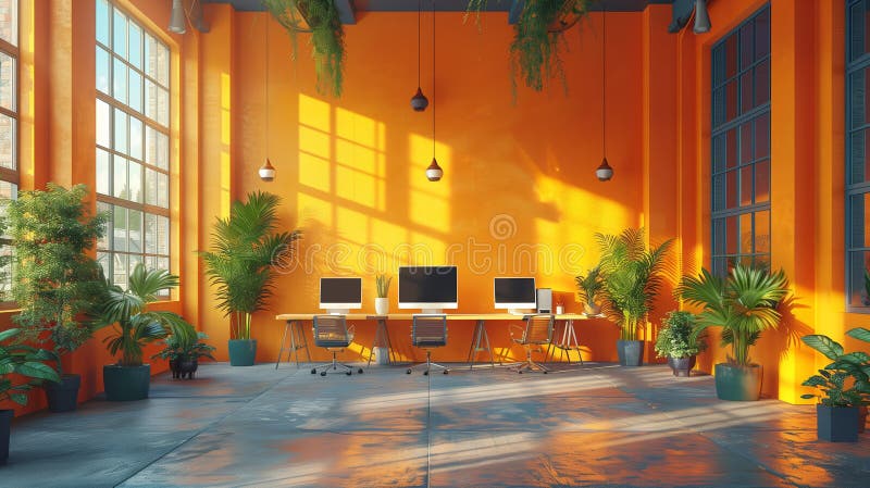 Modern Office Workspace with Sunlight Streaming through Large Windows ...