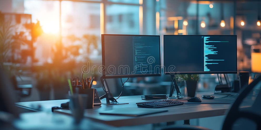Modern Office Workspace Sunset View Dual Monitors Software Development ...