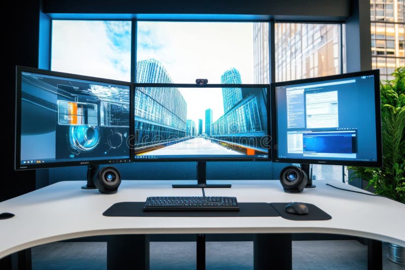 Modern Office Workspace with Three Displays Showcasing Urban Landscape ...