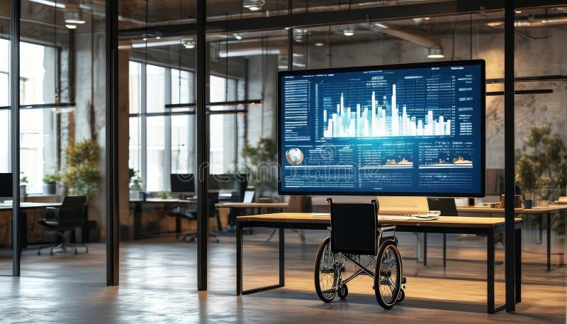 Modern Office Workspace with Wheelchair Accessibility and Data Screens ...
