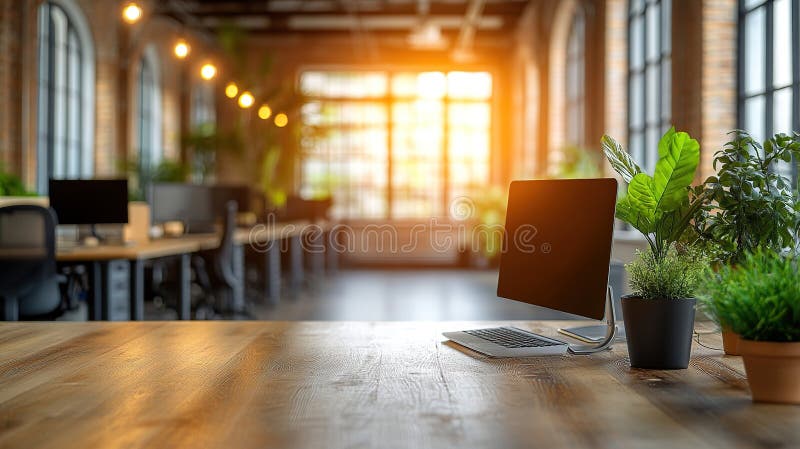 Modern Office Workspace with Wooden Desk, Computer, Plants, and Large ...