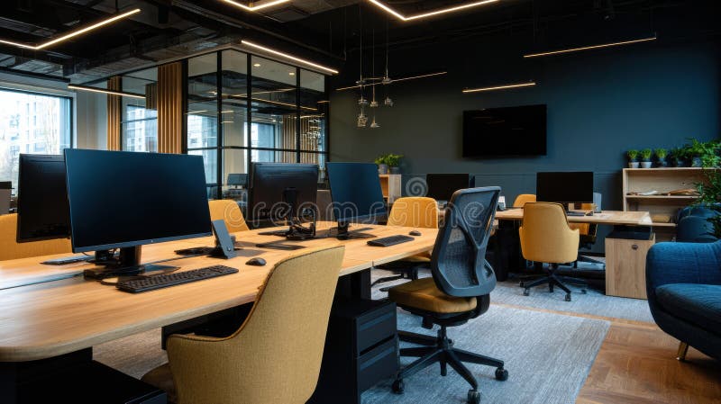 Modern Office Workspace with Yellow Chairs and Multiple Computer Setups in a Well-Lit ...