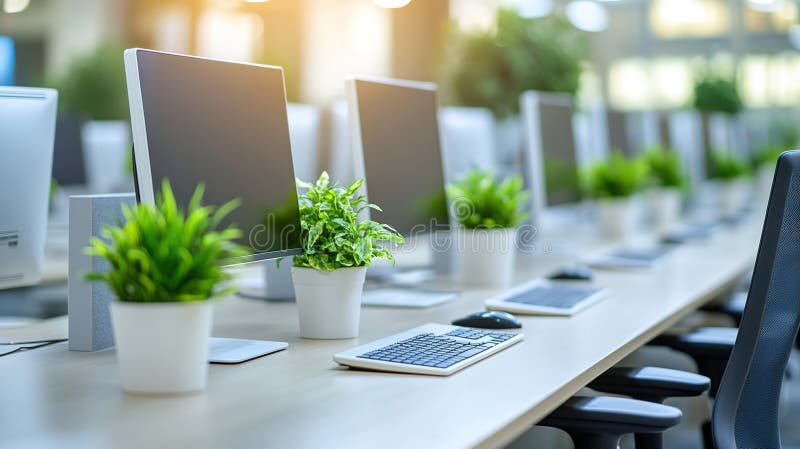Modern Office Workstation Row with Computers and Small Plants on Light ...