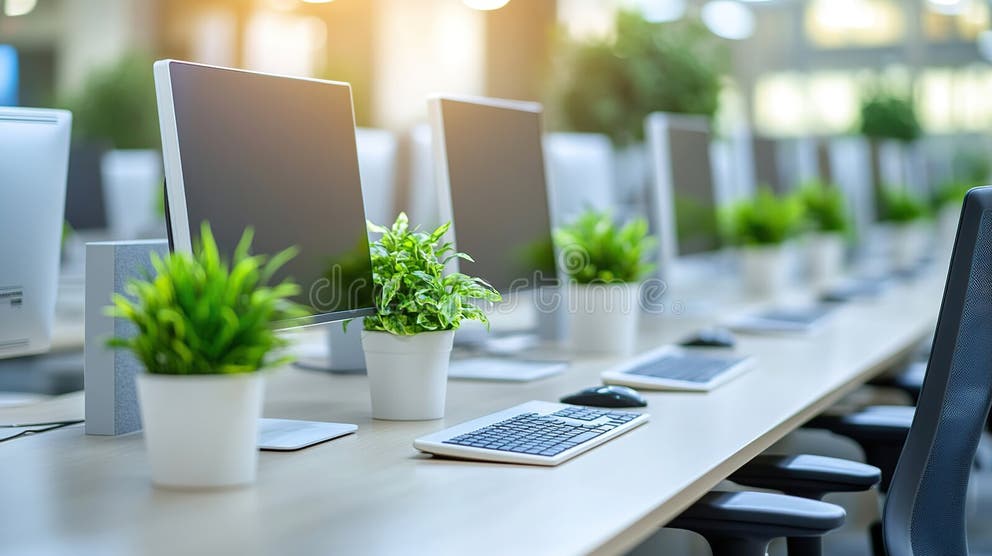 Modern Office Workstation Row with Computers and Small Plants on Light ...