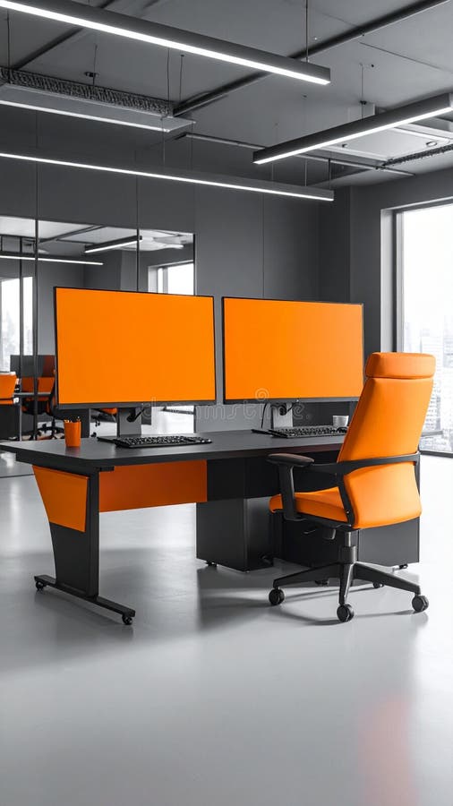 Modern Office Workstation with Two Large Orange Computer Screens and Ergonomic Chair Stock Photo ...