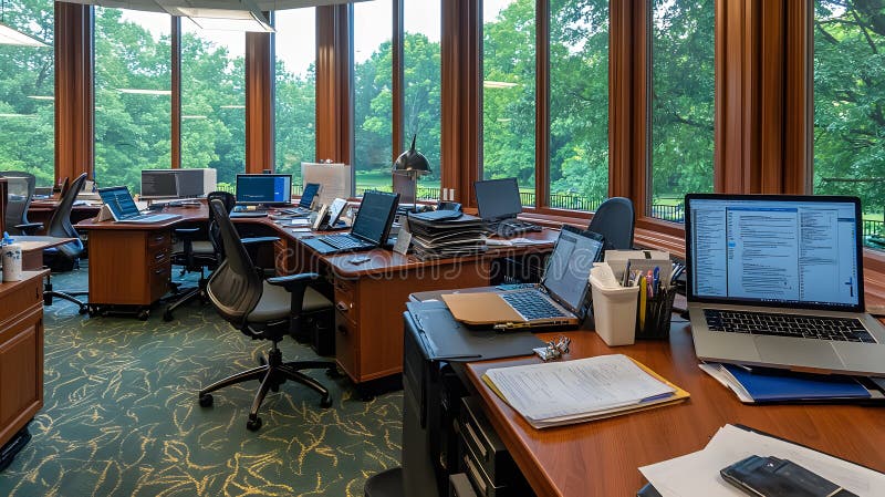 Modern Office, Workstations, Green View, Busy Day, Work Stock Image ...