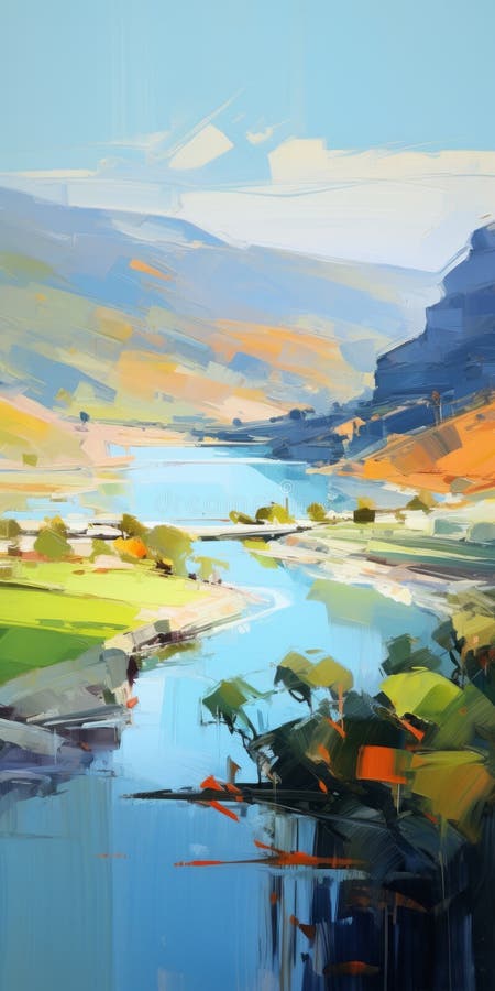 Modern Oil Painting of River Landscape with Vibrant Illustrations Stock ...