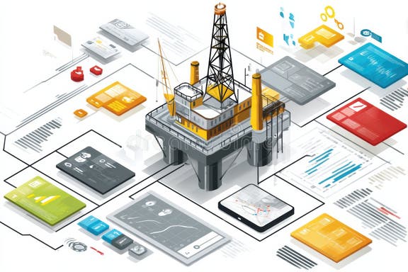 Modern Oil Rig Surrounded by User Interface Elements Representing Data ...