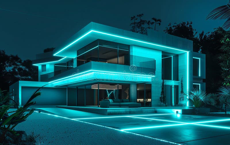 Modern One-Level House in Neon Teal -Generative Ai Stock Photo - Image ...