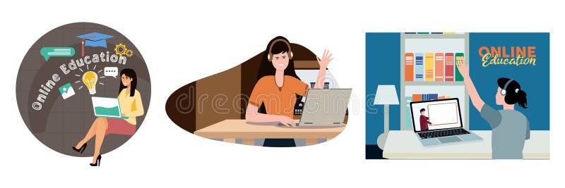 Modern Online Learning. Woman Using Headphones and Laptop. a Virtual ...