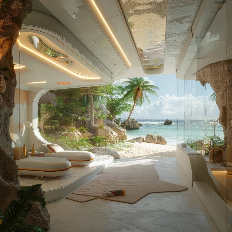 Modern Open-Air Beachfront Lounge Overlooking the Ocean Stock ...