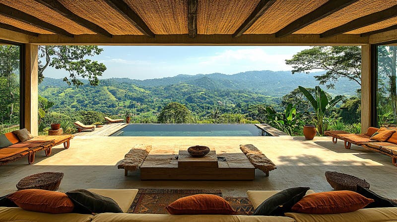 Modern Open-air Living Space with Mountain Views Stock Illustration ...