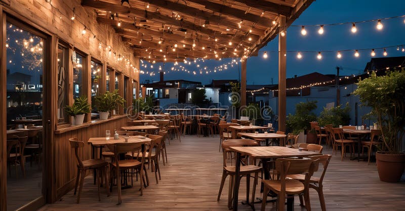 A Modern Open Coffee Shop Illuminated by String Lights and a Warm Glow ...