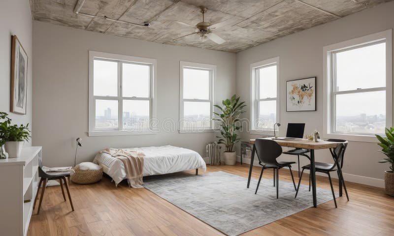 Modern, Open-concept Bedroom with Bed, Desk, and Seating Area ...