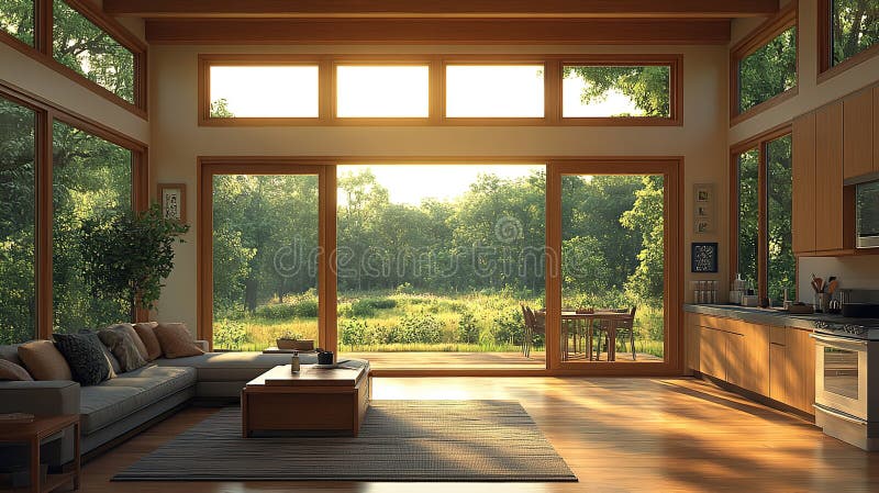 Modern Open-concept Home with Garden View Stock Illustration ...