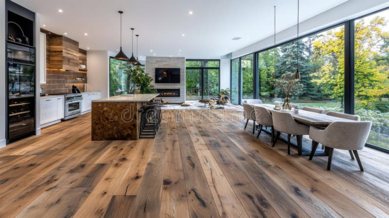 Modern Open Concept Home with Reclaimed Wood Floors and Large Windows ...
