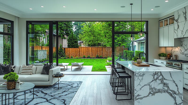 Modern Open-concept Kitchen with Backyard View Stock Illustration ...