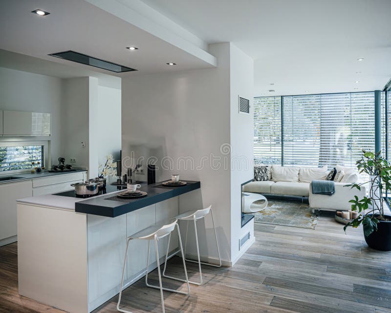 Modern Open Concept Kitchen and Living Room Interior Stock Photo ...