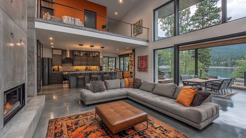 Modern Open-concept Living Room with Kitchen, Fireplace, and Lake Views ...
