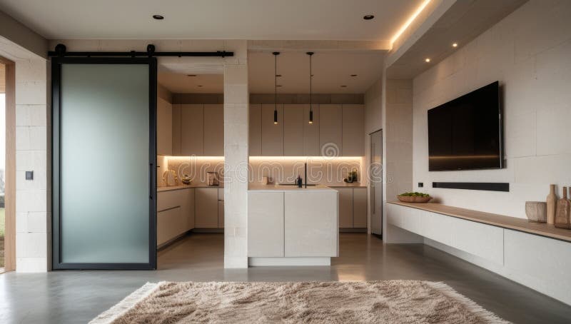 Modern Open-concept Living Space with Sleek Kitchen and Minimalist ...