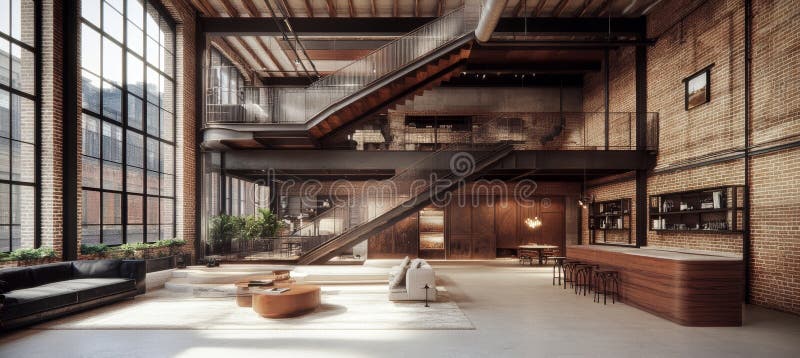 Modern Open Concept Loft Apartment Interior with Brick Walls, High ...