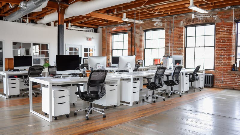 Modern Open-Concept Office with Brick Walls Stock Illustration ...