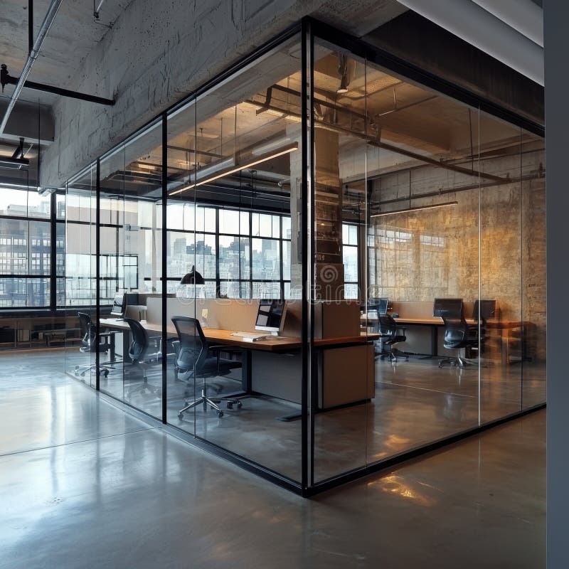 Modern Open Concept Office with Glass Walls Stock Illustration ...