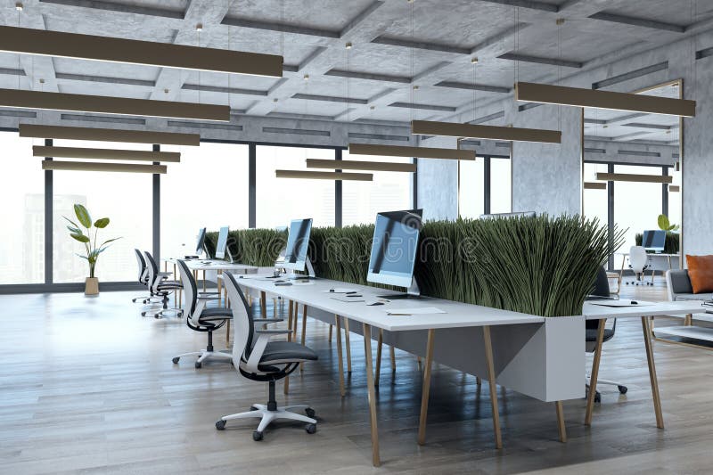 Modern Open-concept Office with Sleek Workstations and Greenery ...