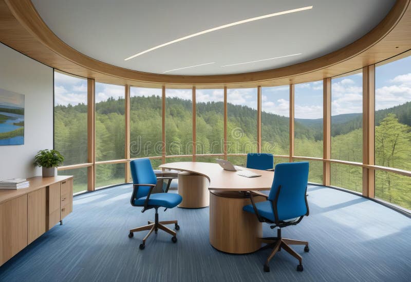 A Modern, Open-concept Office Space with a Curved Wooden Desk Stock ...
