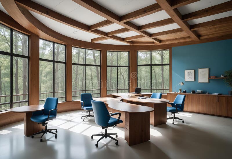 A Modern, Open-concept Office Space with a Curved Wooden Desk Stock ...