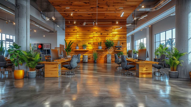 Modern Open-Concept Office with Wooden Accents and Greenery Stock ...