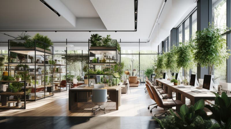 Modern Open Green Office with Natural Light Stock Illustration ...