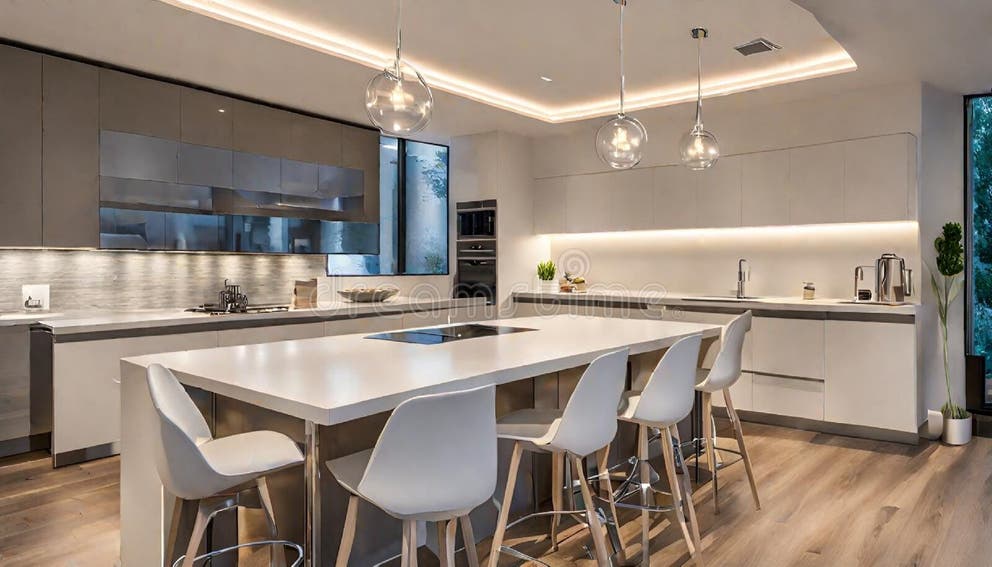 Modern Open Kitchen with Dropped Ceiling and LED Strip Stock ...