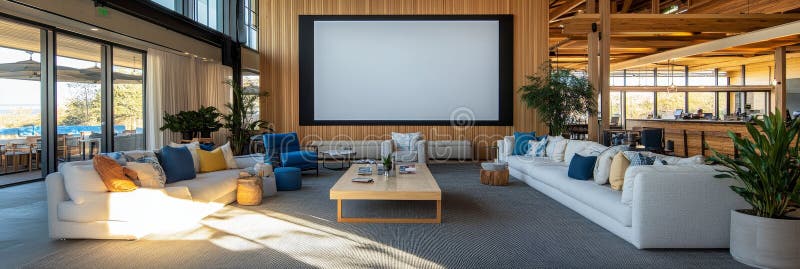 Modern, Open Lounge Area with Comfortable Seating, Large Screen ...