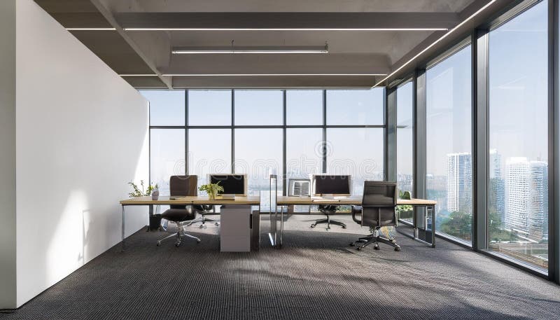 Modern Open Office with Blank Wall and Large Windows. 3D Rendering ...