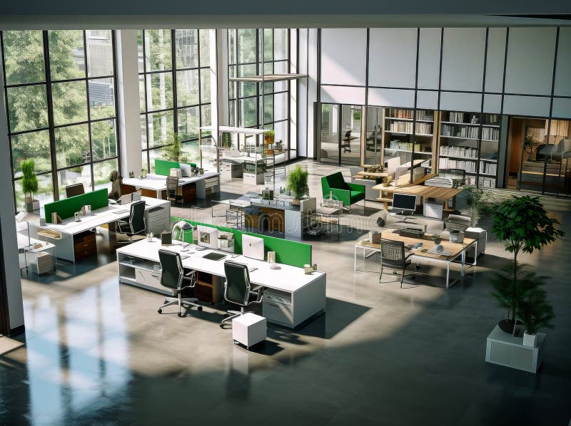 Modern Open Office Design Featuring Spacious Workstations and Natural ...