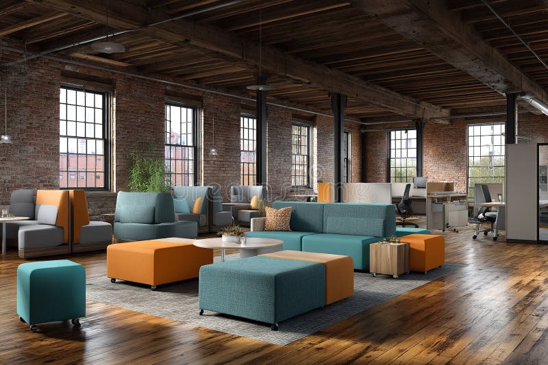 Modern Open Office Design Featuring Vibrant Seating Areas and Large ...