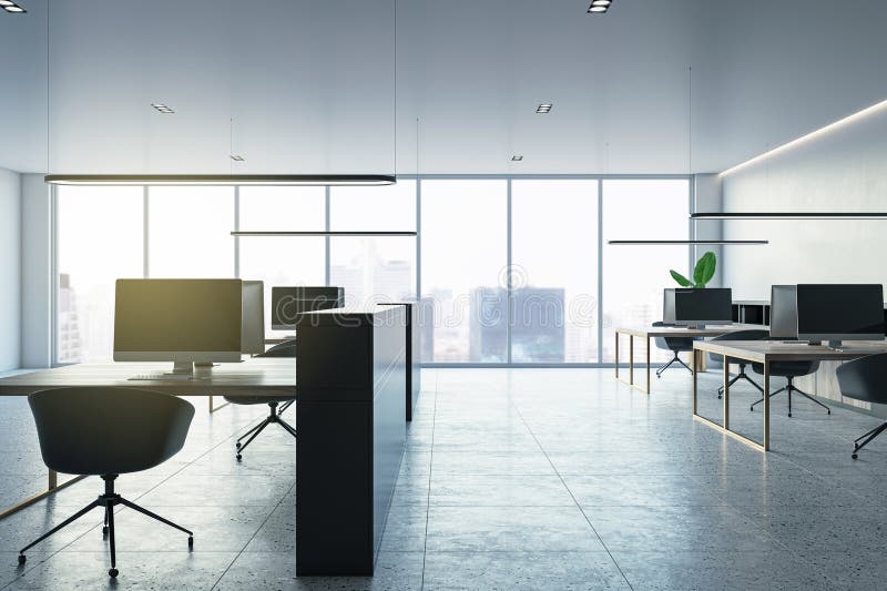 Modern Open Office Interior with Desks, Computers, a Concrete Floor ...